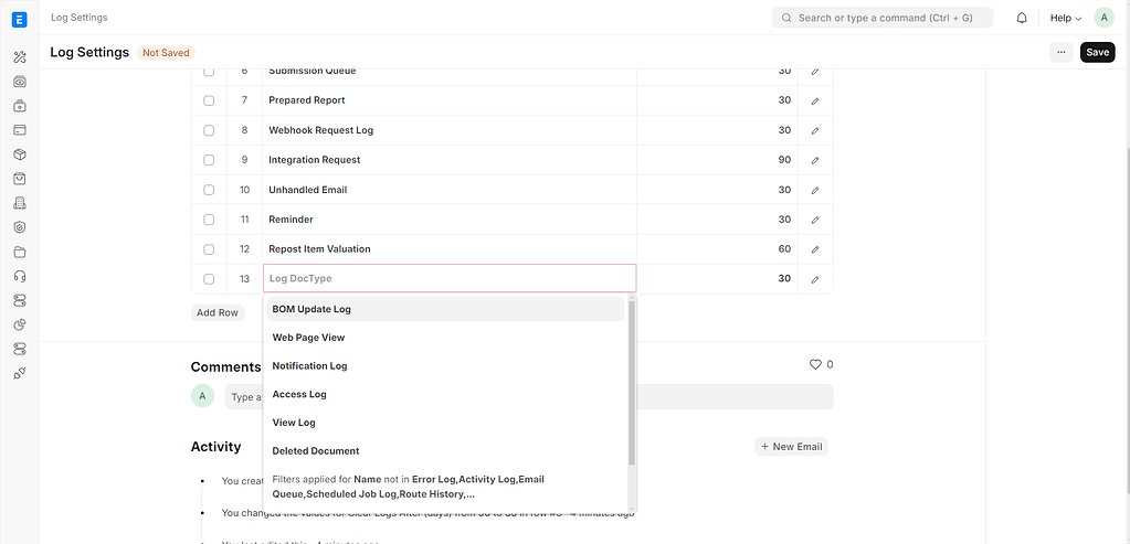 How To Add Custom Logging Doctype In Log Settings Customization