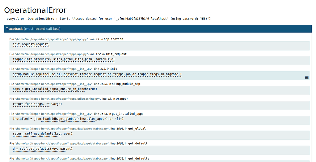 MySQL ERROR (1045, "Access denied for user '_efec46ab9f8187b1'@'localhost' (using password: YES ...