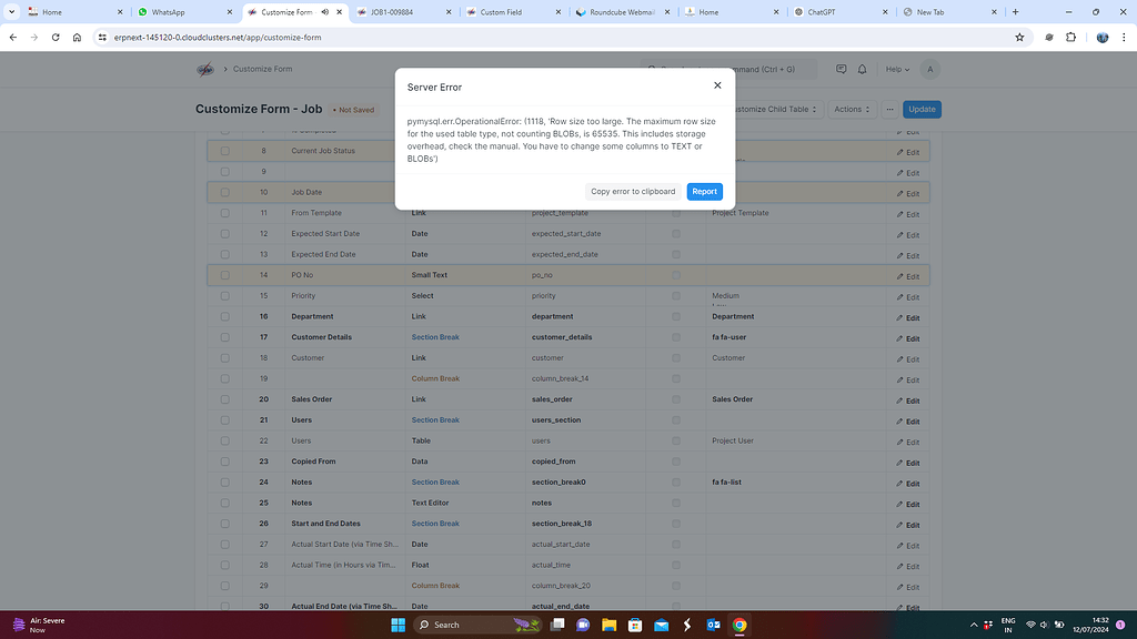 Got error while creating field - ERPNext - Frappe Forum Got error while creating field - ERPNext - Frappe Forum