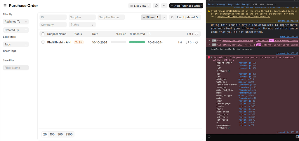 Error in Purchase Order Form View: JSON.parse SyntaxError at Line 1 - Bug - Frappe Forum