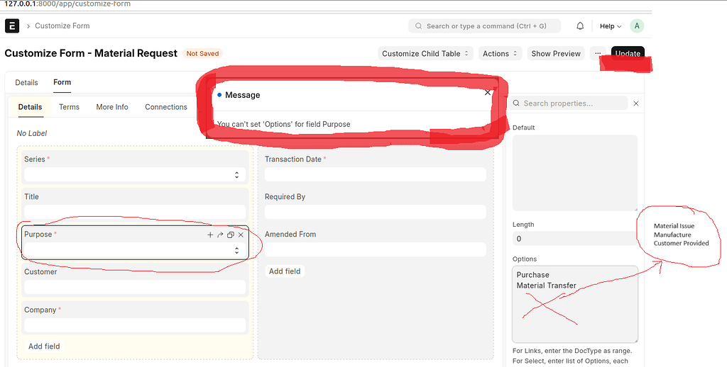 Material Request Dropdownlist Field Purpose Cant Be Updated Erpnext Frappe Forum