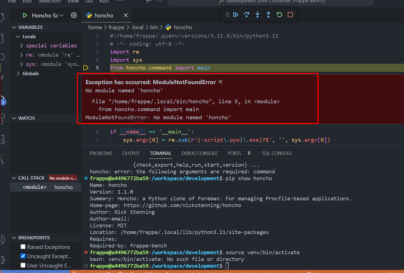 ModuleNotFoundError: No module named 'honcho' - Community - Frappe Forum