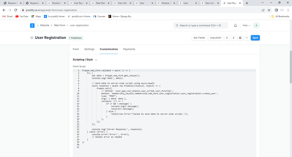 Error While Creating A New User Using Server And Client Side Scripting Using A Web Form Frappe