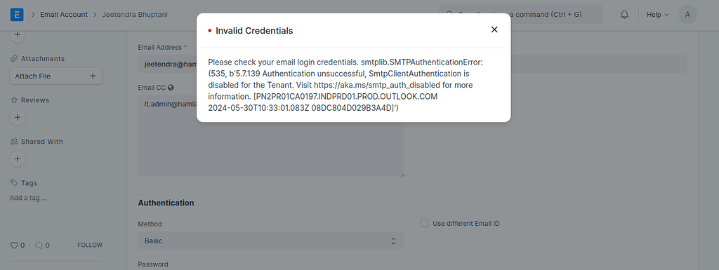 Error while setting up Outlook email account - ERPNext - Frappe Forum Error while setting up Outlook email account - ERPNext - Frappe Forum