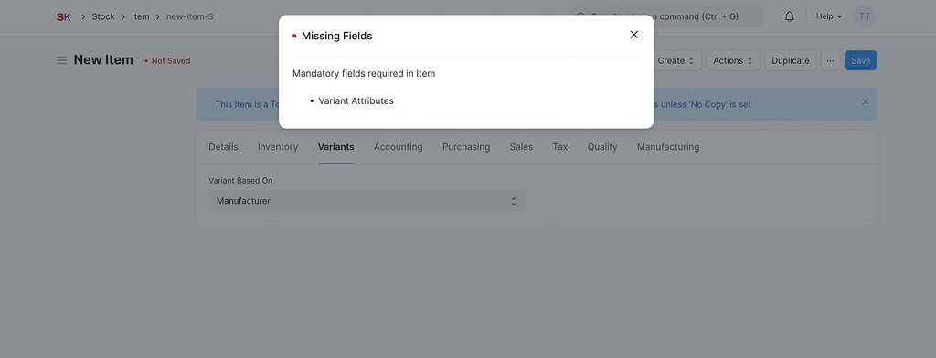 Issue while creating item variant based on manufacture - ERPNext - Frappe Forum