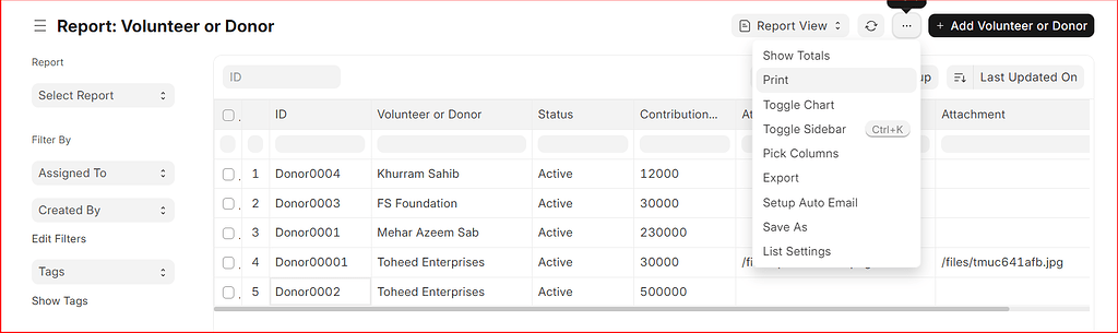 Custom Doctype (Donors) Print at Report View - ERPNext - Frappe Forum