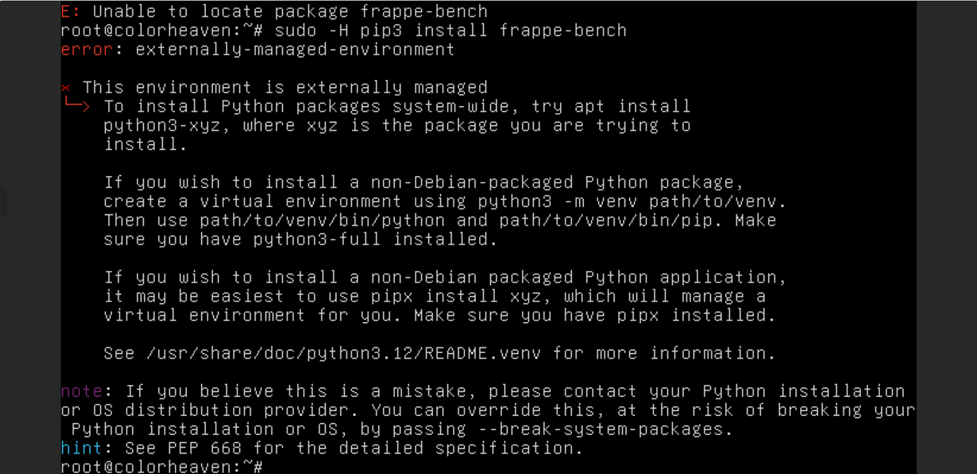 Externally managed environment while installing frappe-bench - ERPNext - Frappe Forum
