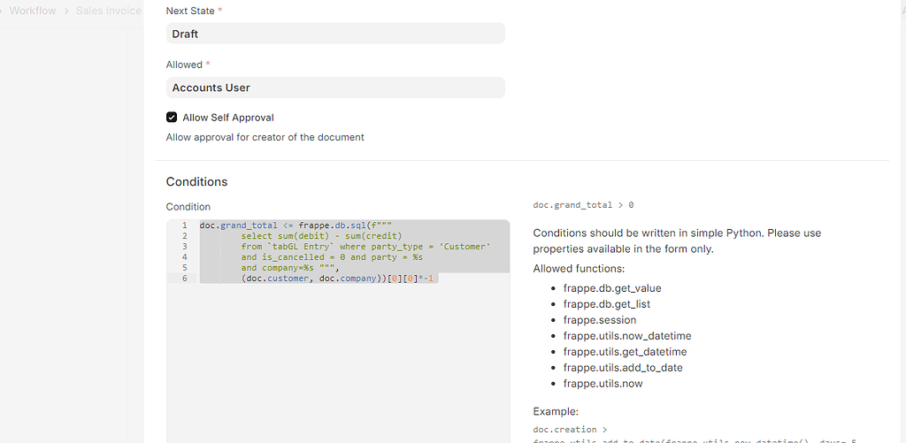 Frappe Db Sql Not Work In Workflow Condition Accounting Frappe Forum