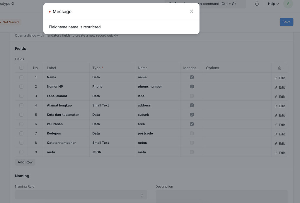 Fieldname name is restricted - Community - Frappe Forum