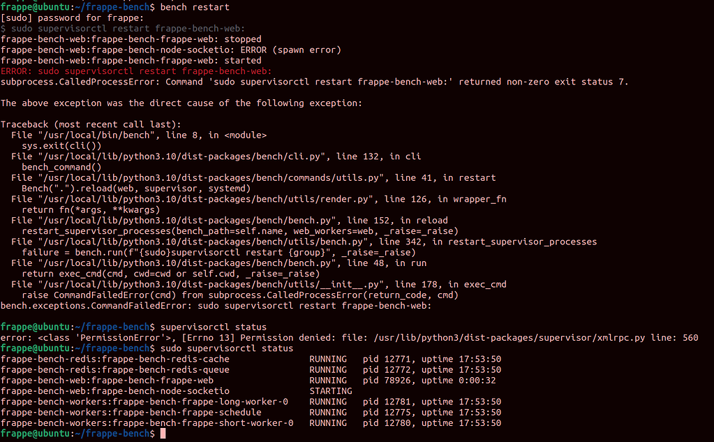ERROR: sudo supervisorctl restart frappe-bench-web - ERPNext - Frappe Forum