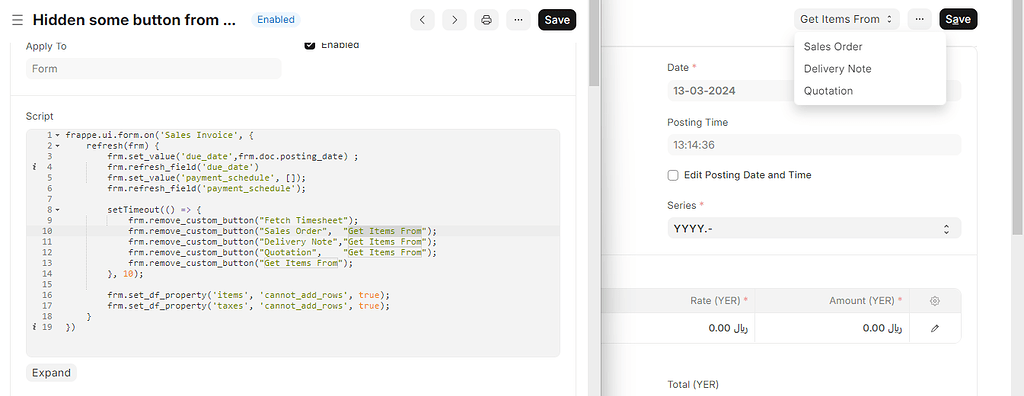 How could I remove Get Items From from sales invoice - Customize ERPNext - Frappe Forum