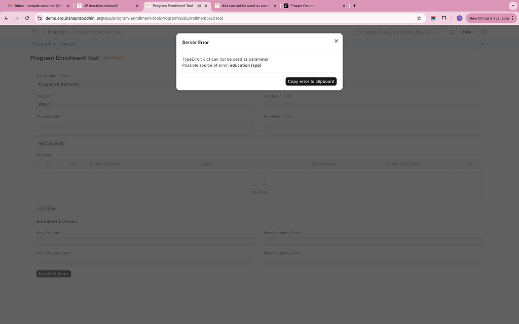 Error in Program Enrollment Tool (dict type) - Education - Frappe Forum