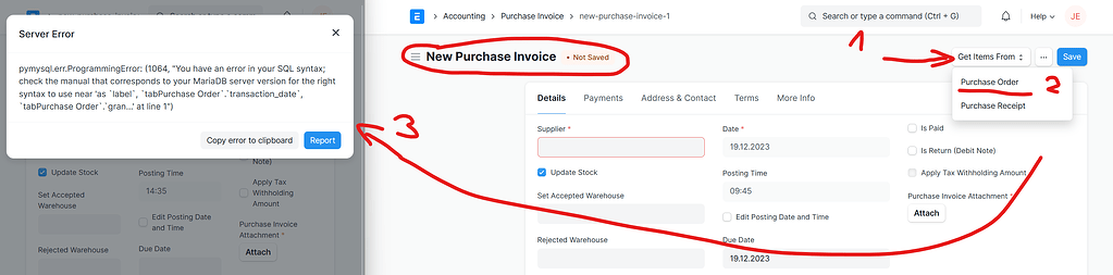 Can't select Purchase Orders in link fields ; pymysql.err.ProgrammingError: (1064 ...