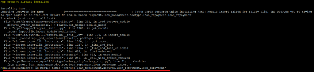 ModuleNotFoundError: No module named 'erpnext.loan_management.doctype ...