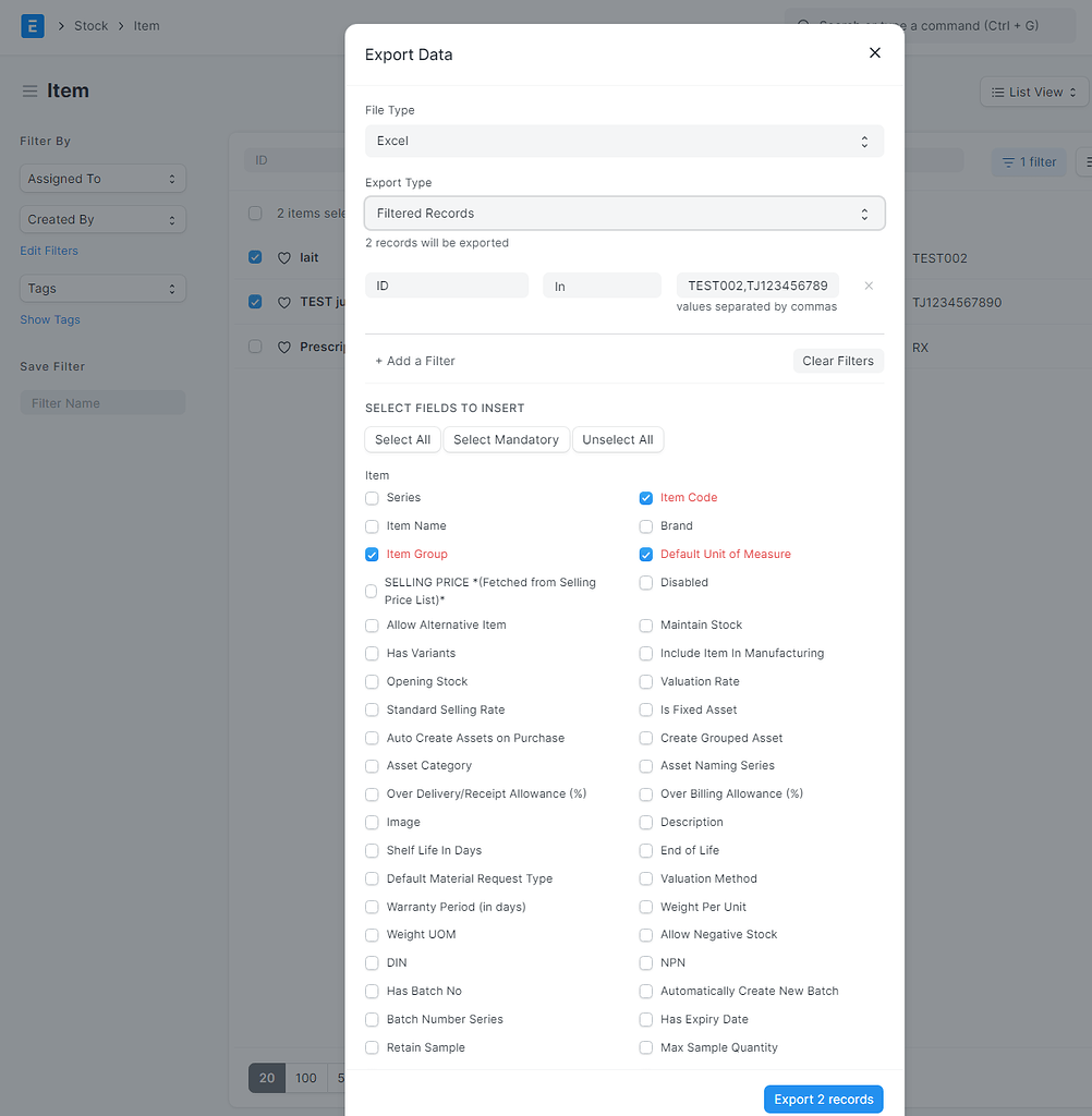 Export Data, how to preselect field values by default? - ERPNext - Frappe Forum