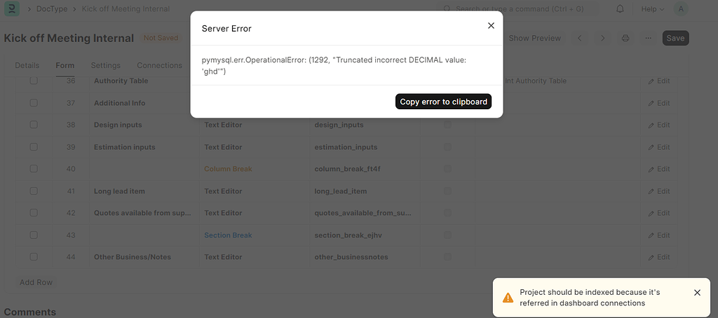 Im trying to add new field in custom doctype but error showing - User Forum - Frappe Forum