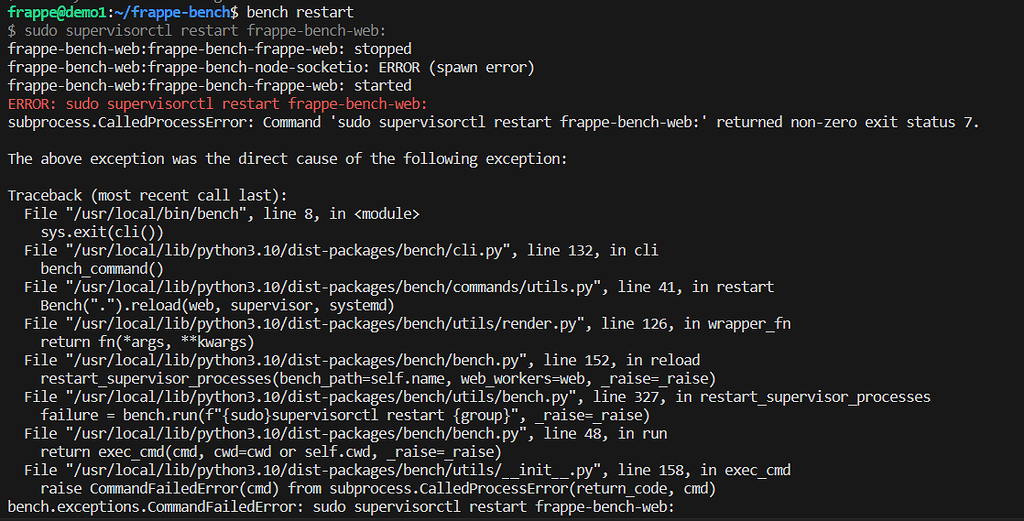 Bench restart socketio (spawn error) - Bug - Frappe Forum