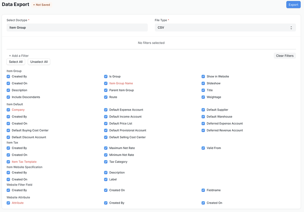 Data Export Tool is missing field shown in documentation - ERPNext - Frappe Forum