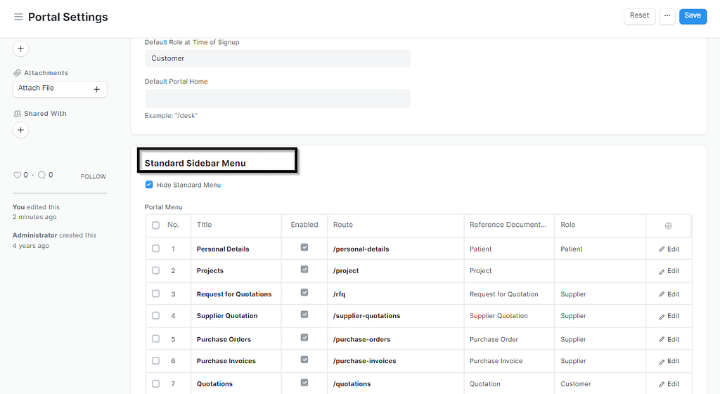 Portal settings- Standard menu - Frappe Forum