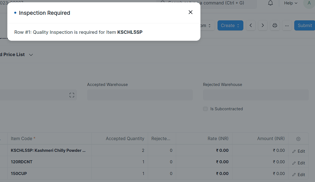 Issue in the purchase receipt when create Issue in the purchase receipt when create
