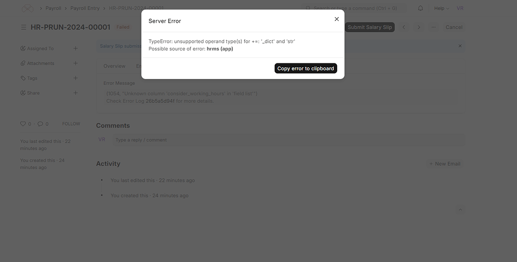 Getting this error in payroll entry while submitting - ERPNext - Frappe Forum