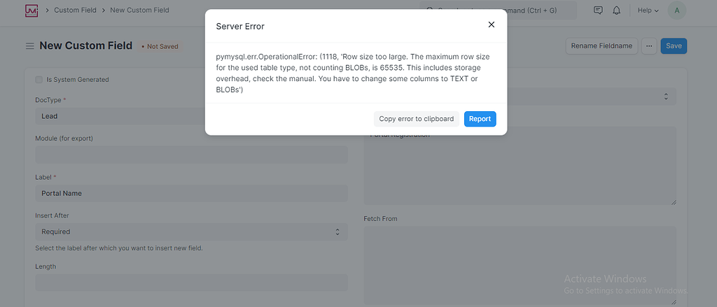 Trying to create new customized field but server error 1118 is coming - Customize ERPNext ...