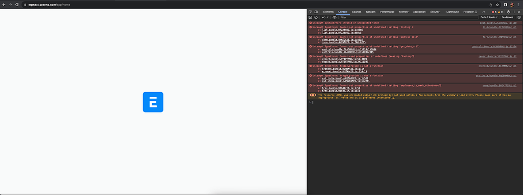ERP next stuck on logo screen - js error in the console - ERPNext - Frappe Forum