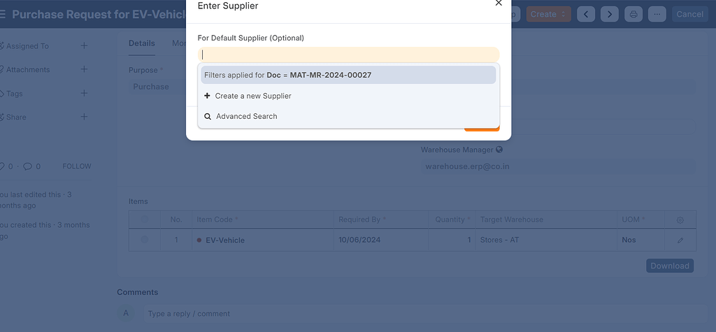 When i create purchase order from material request then no suplier shows frappe - ERPNext ...
