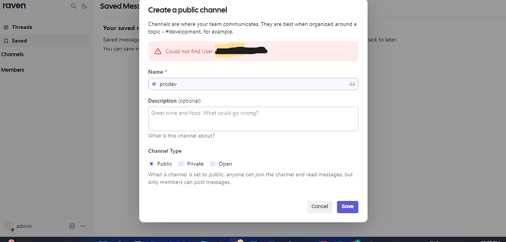 "Could not find User" in raven, while creating a channel ...