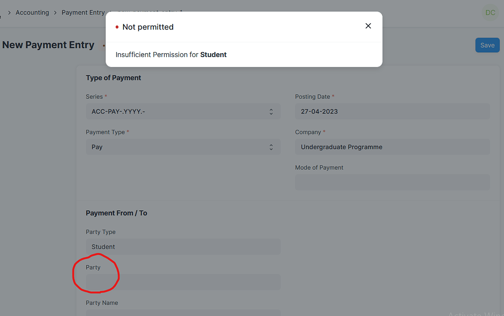 Insufficient Permission for Select Students in Payment Entry for ...