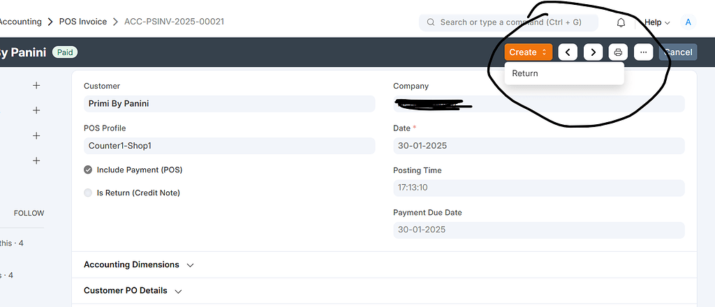 From "Pos Invoice" how to create "Sales Return" - ERPNext - Frappe Forum