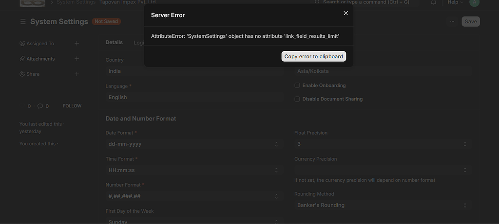 Attributeerror Systemsettings Object Has No Attribute Link Field Results Limit Erpnext