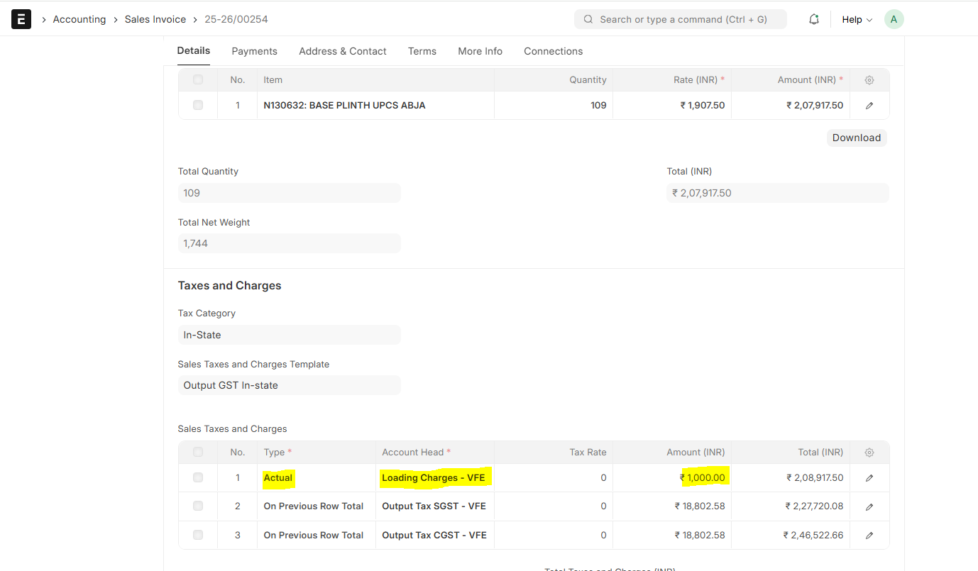 SI - Transport/Loading Charges in tax table to be shown under other ...