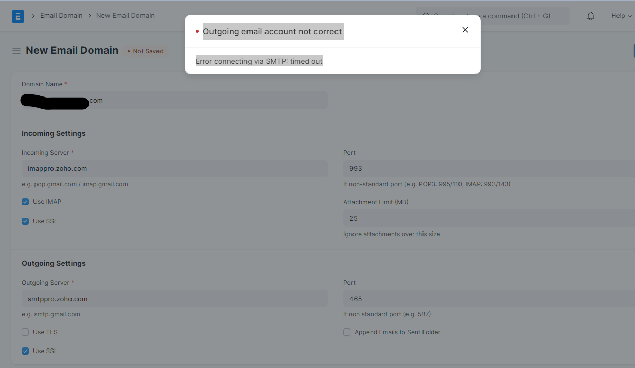 How to connect smtp.zoho.com with ERPNext? - ERPNext - Frappe Forum