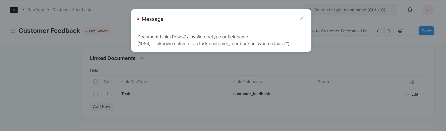 Error With Links While Creating New Doctype Customize Erpnext Frappe Forum