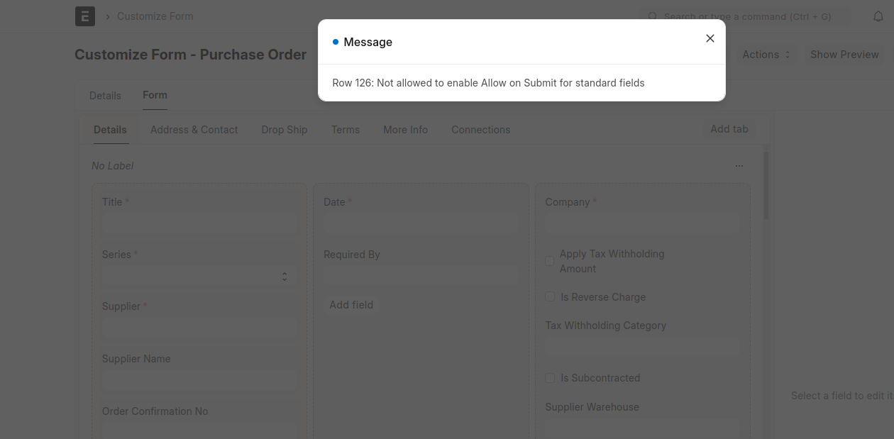 Unable to set Allow on Submit in PO - ERPNext - Frappe Forum